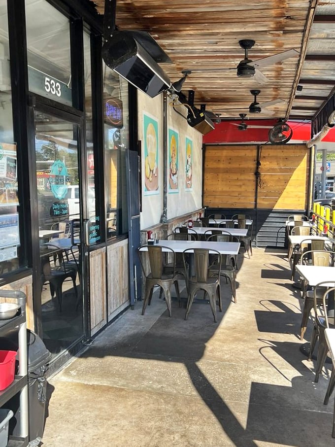 Outdoor seating bathed in Texas sunshine offers the perfect spot for people-watching while you tackle that breakfast platter.