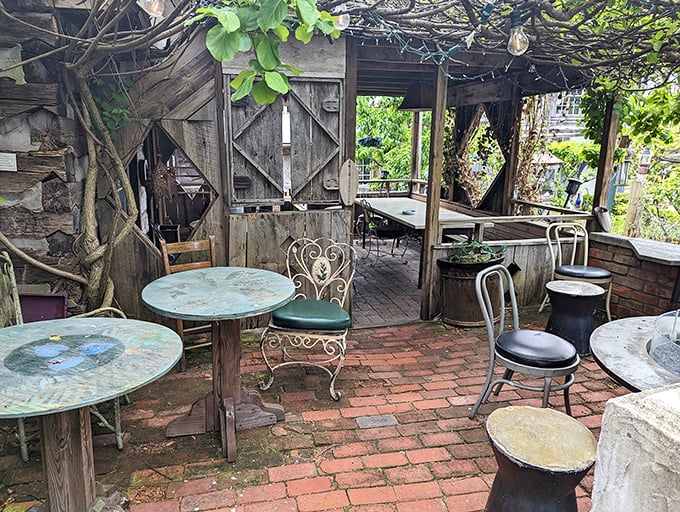 Outdoor dining with character to spare. These weathered tables have stories to tell&mdash;if only you'd stay for dessert to hear them.