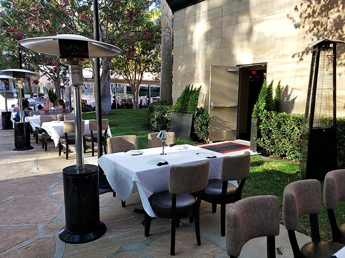 Al fresco dining, California-style—where the patio heaters stand ready because even paradise occasionally needs a temperature adjustment.