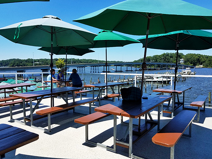 Picnic tables with a million-dollar view&mdash;Mike's outdoor seating transforms ordinary Tuesday lunches into mini-vacations by the South River.