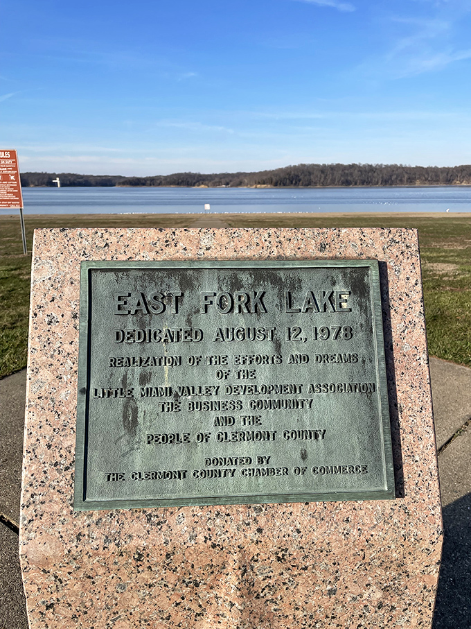 History set in stone: East Fork Lake's dedication plaque reminds us this paradise was created through community vision in 1978.