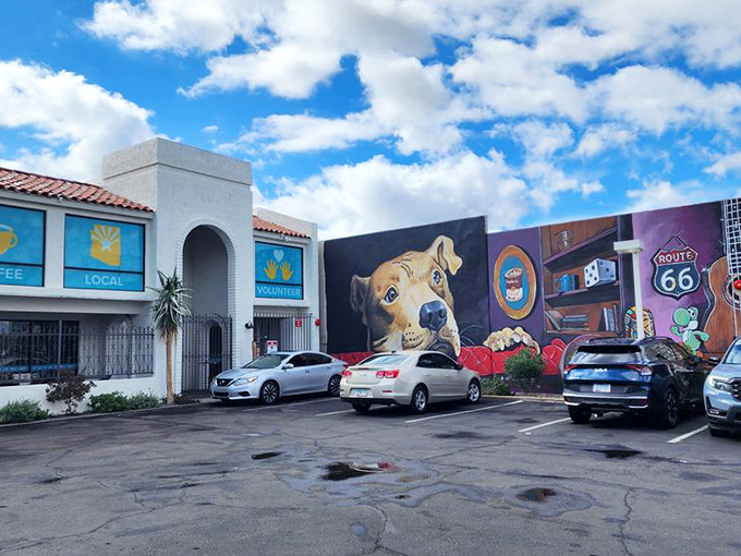 The exterior mural featuring a hopeful pup transforms an ordinary parking lot into an Instagram moment. Street art meets shopping&mdash;a perfect Phoenix blend.
