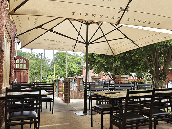 The outdoor patio offers a peaceful retreat under cream-colored umbrellas&mdash;perfect for sipping pilsners while watching the world of German Village go by.