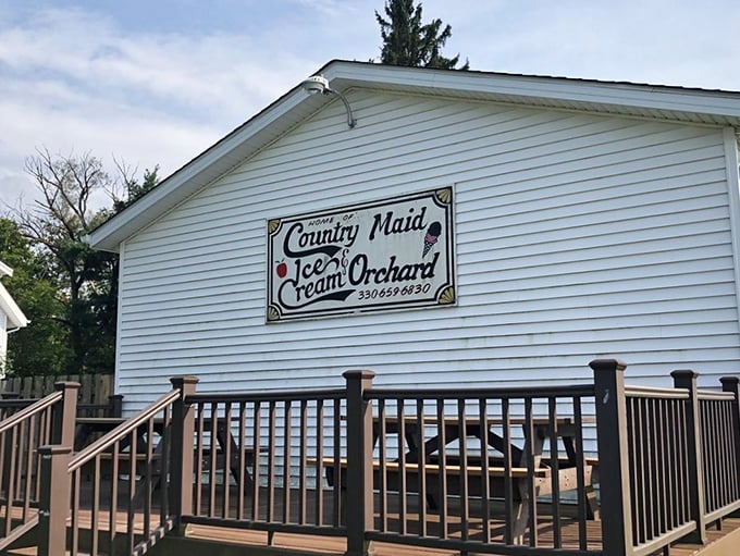 Country Maid Ice Cream & Orchard&mdash;where the name on the building promises two of life's greatest pleasures in one charming stop.
