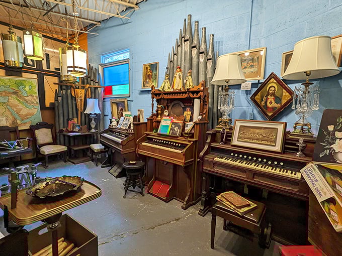 The piano corner isn't just instruments&mdash;it's a symphony of craftsmanship from when entertainment meant making music yourself, not streaming it.