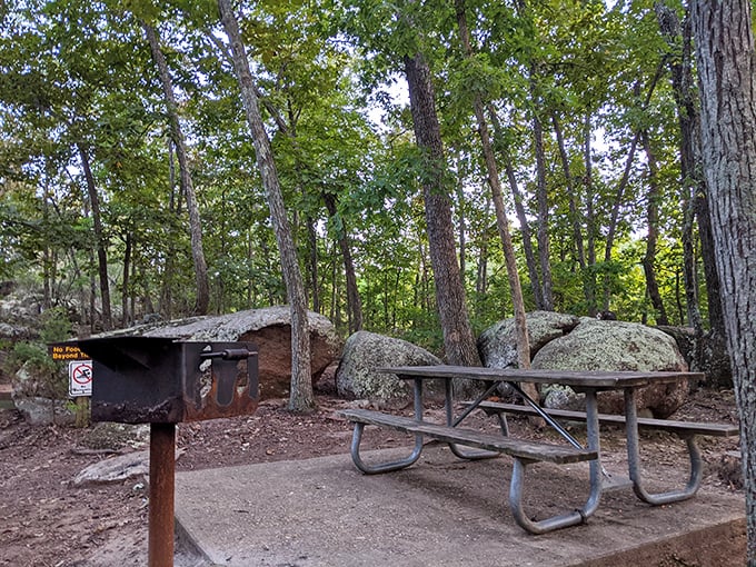 Picnic among the ancients! This rustic table offers the perfect spot to refuel while contemplating rocks that predate dinosaurs by a billion years.