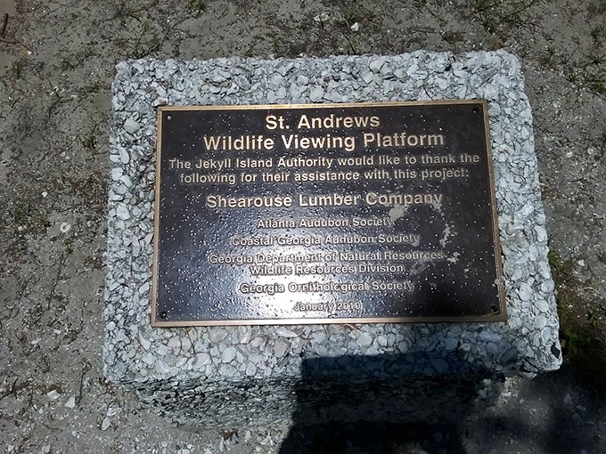 This unassuming plaque honors those who helped create the wildlife viewing platform. Conservation partnerships making natural wonders accessible for all.