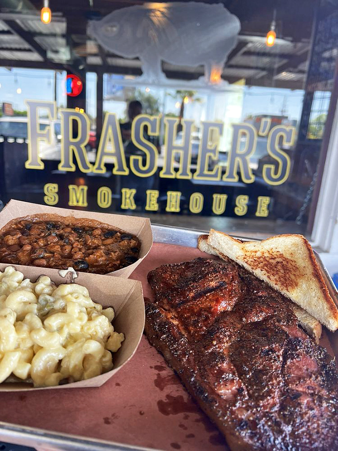 This BBQ platter speaks the universal language of "get in my belly now." Mac and cheese and beans standing by as worthy sidekicks.