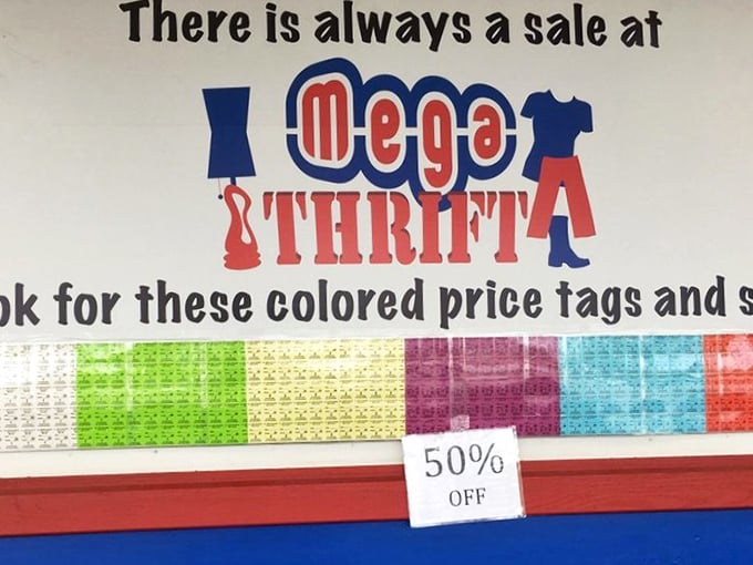 "There is always a sale at Mega Thrift"—words to live by for the bargain hunter who knows that good things come to those who browse.
