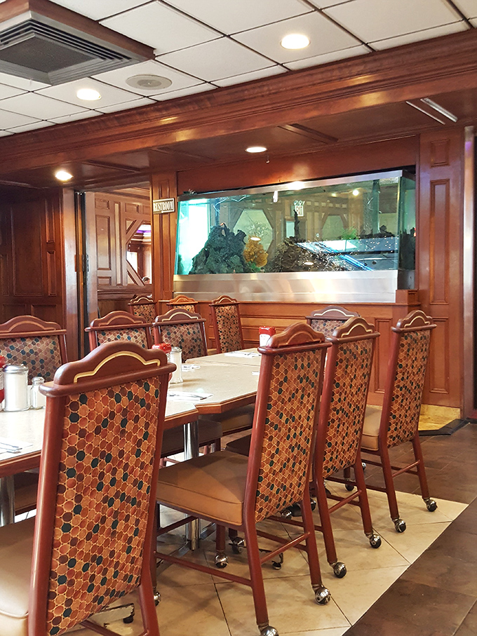 Rich wood paneling and patterned chairs create dining spaces that feel both nostalgic and fresh, with fish tanks adding unexpected tranquility to your meal.