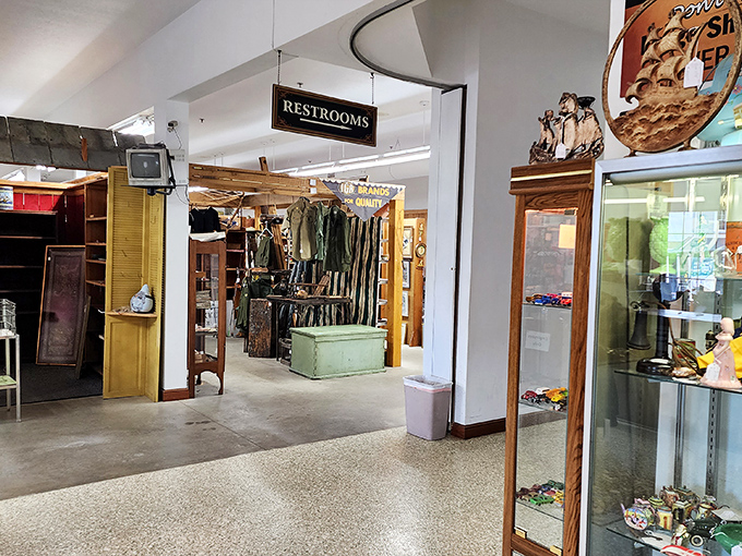 Even the "Restrooms" sign has vintage appeal. In this place, every corner tells a story&mdash;some more necessary than others.