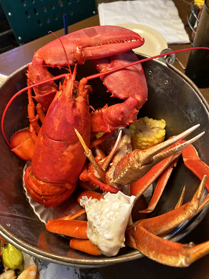 A bucket of seafood treasures that would make Captain Hook abandon his vendetta against Peter Pan. Those crab claws mean business!