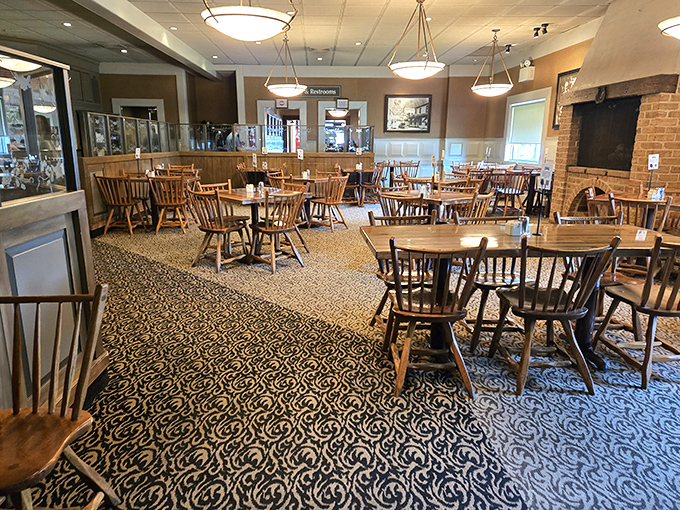 The dining room waits for its next wave of hungry patrons, wooden chairs standing at attention like soldiers preparing for the delicious battle ahead.