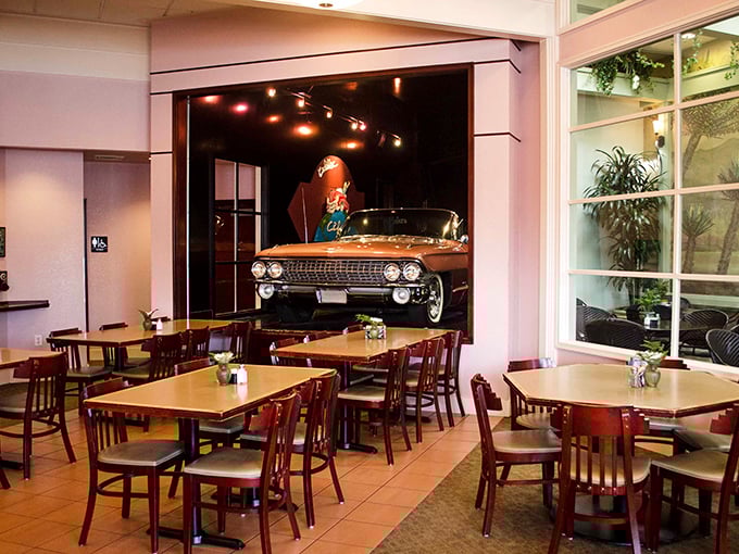 The pi&egrave;ce de r&eacute;sistance: an actual vintage Cadillac parked inside the restaurant. Now that's commitment to a theme!