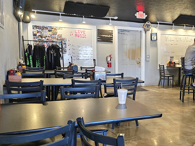 The indoor seating area&mdash;where fishing tales grow taller, beers taste colder, and somehow everyone feels like a regular, even on their first visit.