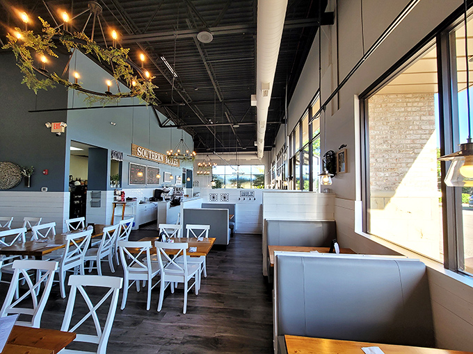 Bright, airy dining room where calories don't count and coffee refills flow like optimism. Those windows let in just enough light for ideal food photos.