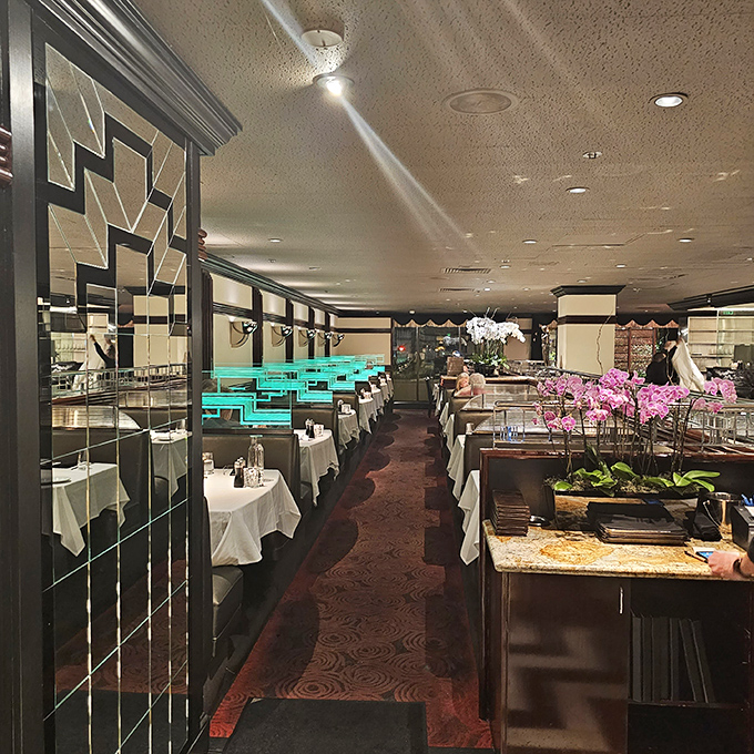 Dining room elegance that whispers "special occasion" without shouting it. Those mirrored walls have seen countless proposals and anniversary toasts.