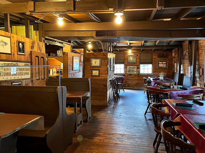 Simple wooden booths and tables arranged not by design consultants but by generations of knowing exactly what works for seafood feasts.