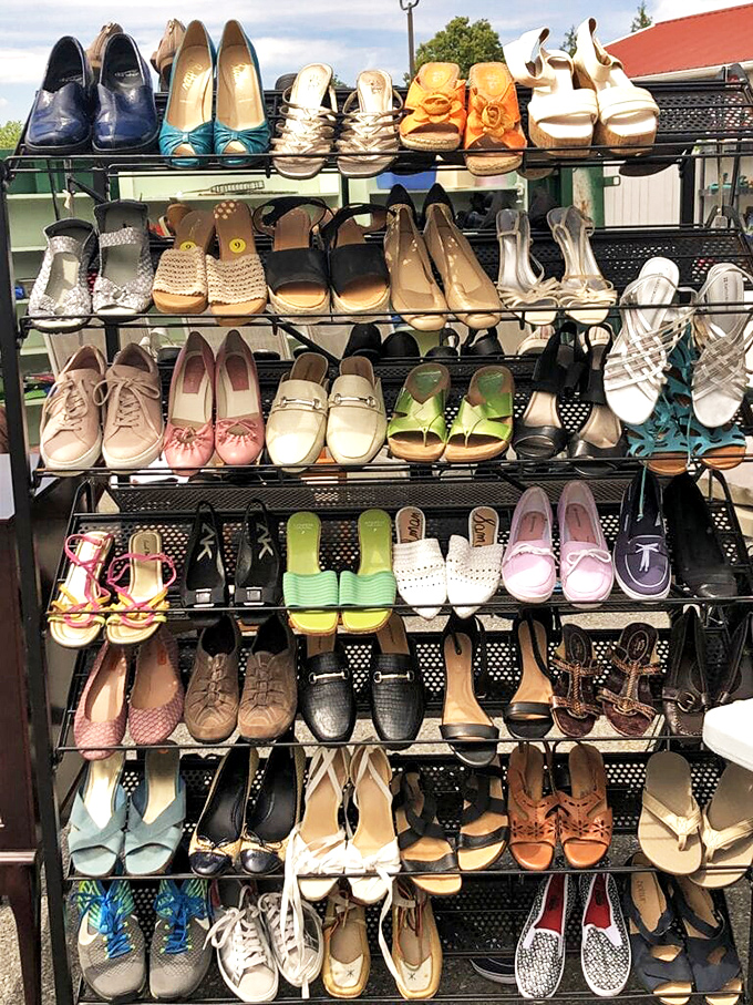 A shoe display that proves style doesn't expire—just changes owners. Someone's "too tight" becomes your "just right."