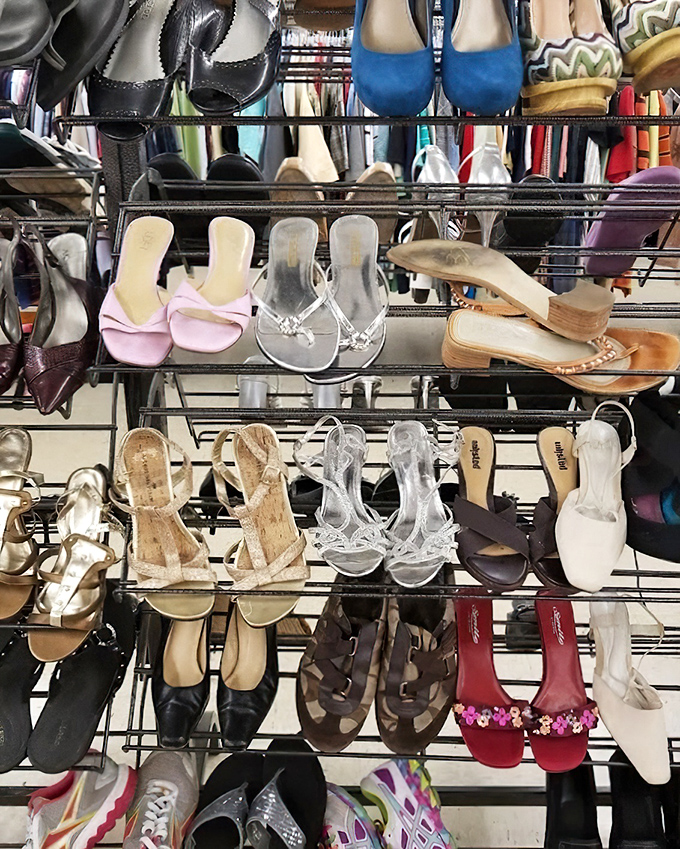 Shoe paradise! Heels, flats, and sandals in every color imaginable&mdash;all previously danced in, but ready for new adventures. Your glass slipper awaits.