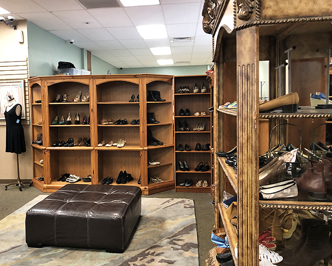 The boutique-like shoe department transforms secondhand shopping into a high-end experience, with options displayed as carefully as in any luxury store.