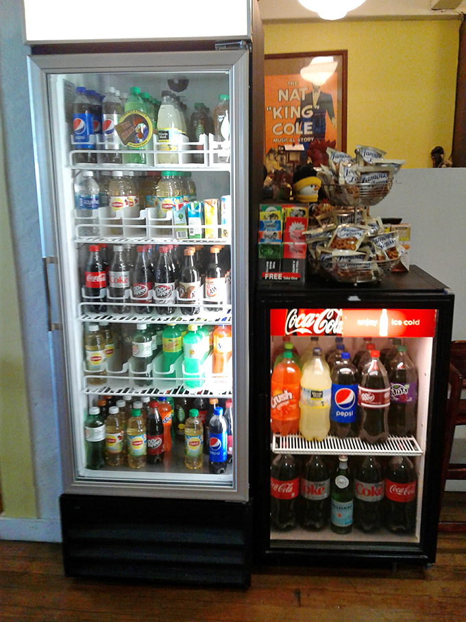 Ice-cold beverages waiting patiently to wash down all that crispy, golden goodness you're about to devour.