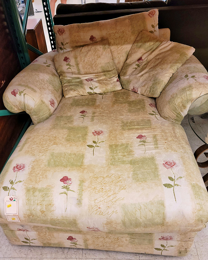 This floral chaise lounge isn't just furniture&mdash;it's a time machine to someone's grandmother's living room, complete with phantom cookies and advice.