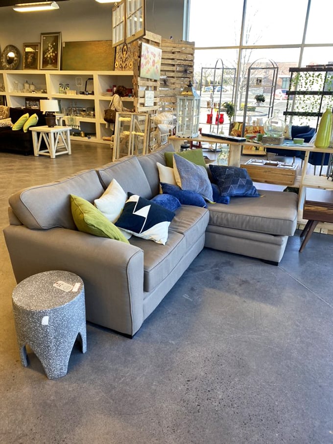 Sink into savings with this comfy sectional. The perfect neutral sofa waits for your personal touch with colorful throw pillows.