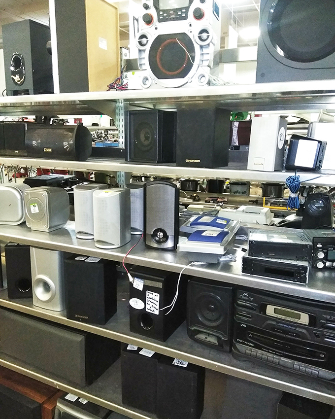 The electronics section: where yesterday's boom boxes and speakers wait patiently for their retro revival moment.