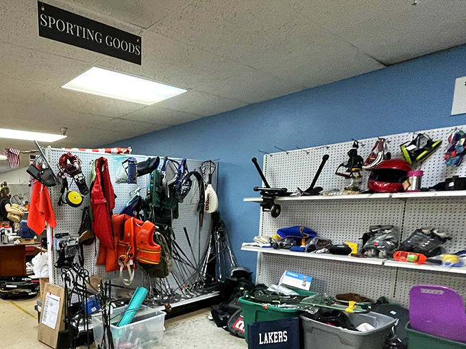 The sporting goods section: where golf clubs, fishing rods, and life vests await their next adventure. Yesterday's hobbies become tomorrow's new passions.