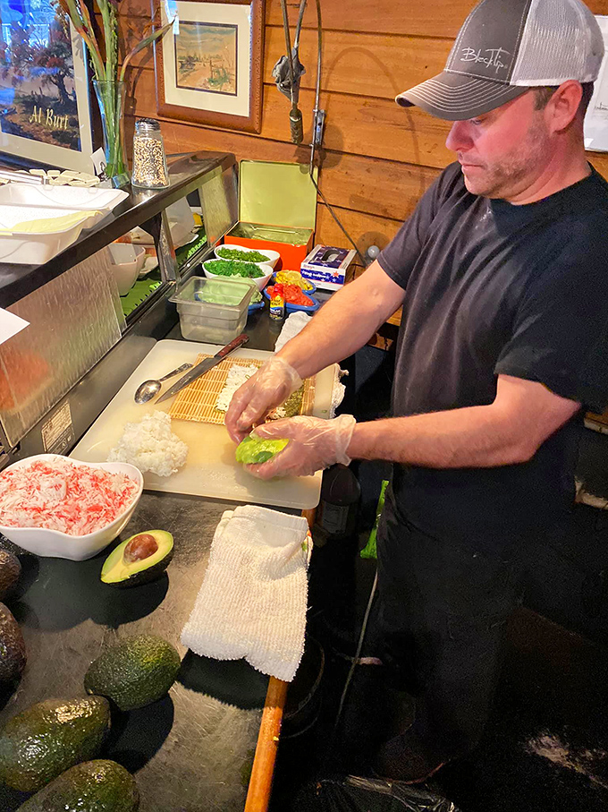 Fresh sushi in the making. When the chef handles avocados with this much care, you know you're in good hands.