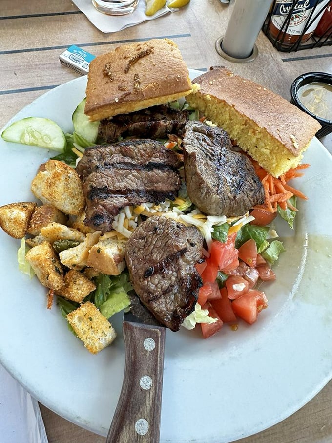A steak salad that makes eating greens feel like cheating. Those perfectly seared medallions are the reward for all those vegetables.