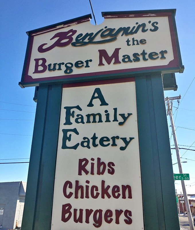 The sign says it all: "A Family Eatery" where burgers reign supreme but ribs and chicken make compelling arguments for your attention.