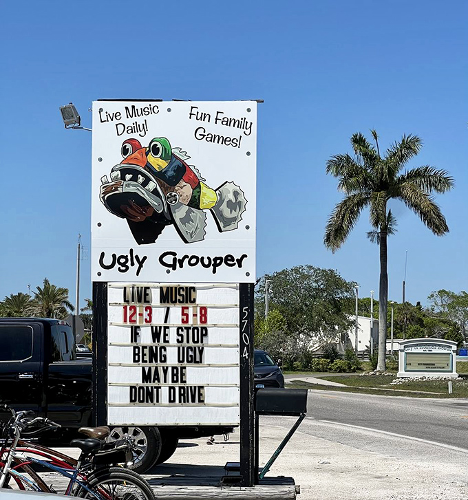 The roadside sign's cheeky humor hints at the personality-packed experience waiting inside these walls.