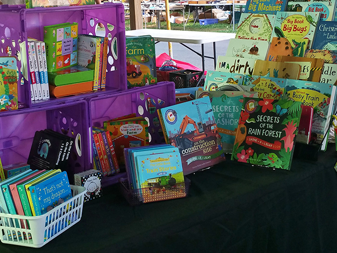 Children's books waiting to inspire the next generation of readers. That purple storage bin has probably launched more adventures than NASA, just on a slightly smaller budget.