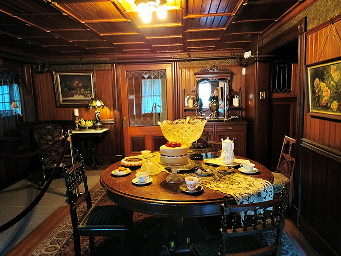 The round table setting suggests meals here came with a side of architectural bewilderment and conversation.