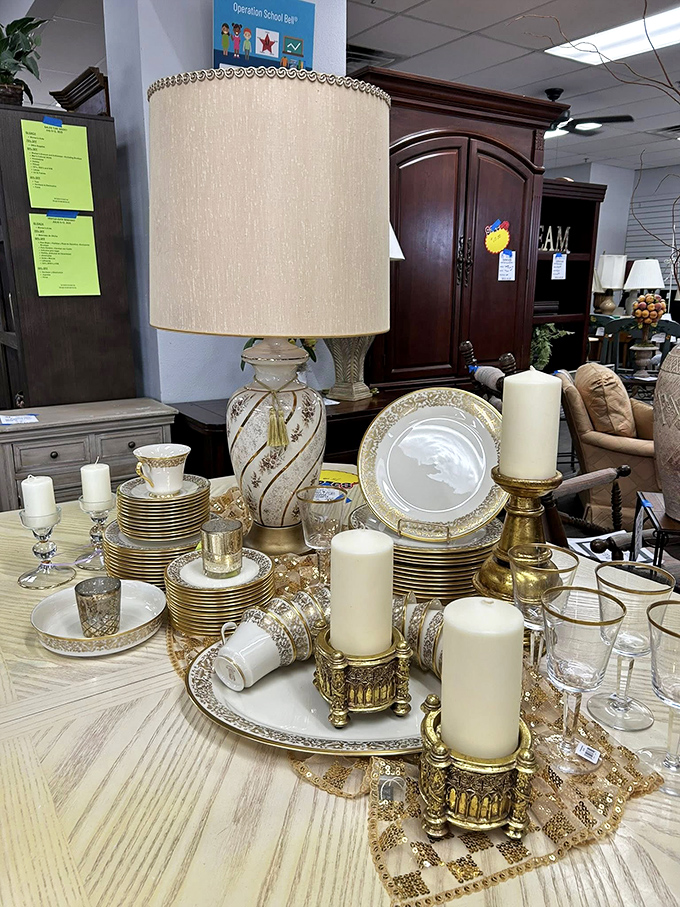 Elegant gold-rimmed place settings and candle holders that could elevate a simple dinner party to "they think I'm fancy now" status.