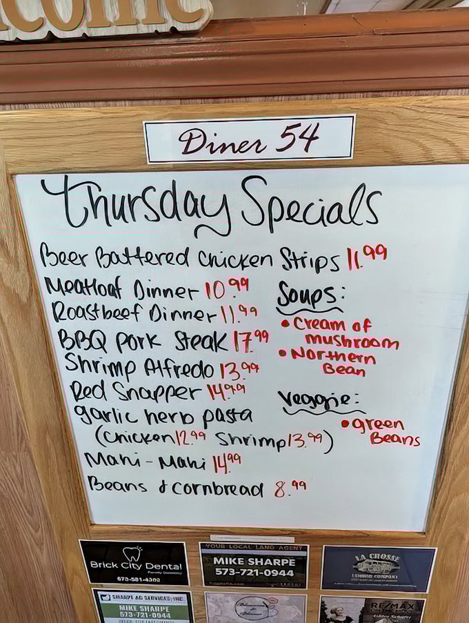 Thursday's specials board &ndash; a handwritten promise of culinary adventure. Beer-battered chicken strips and meatloaf that tastes like childhood memories.