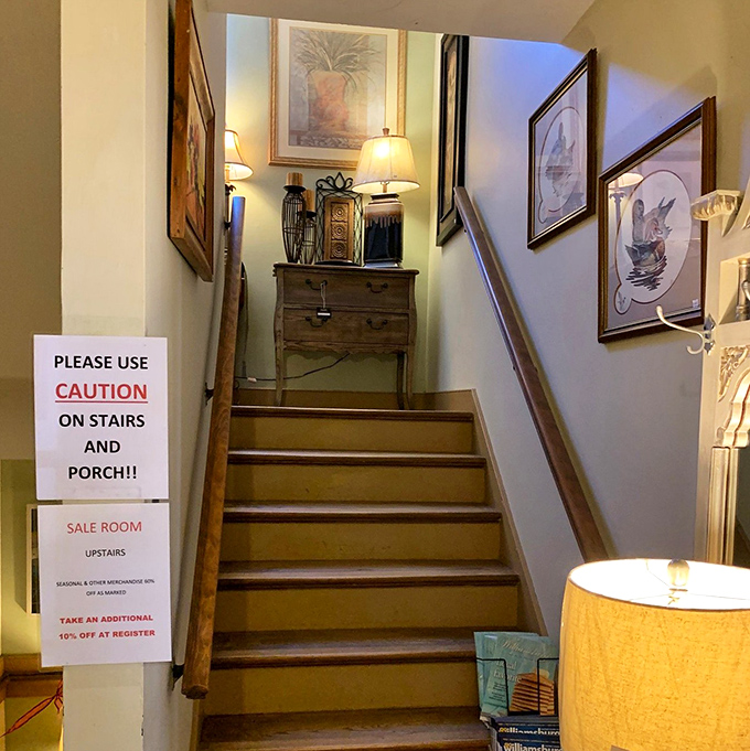 "Caution on stairs" is both practical advice and metaphor. The journey to antique treasures requires careful navigation and rewards patient explorers.