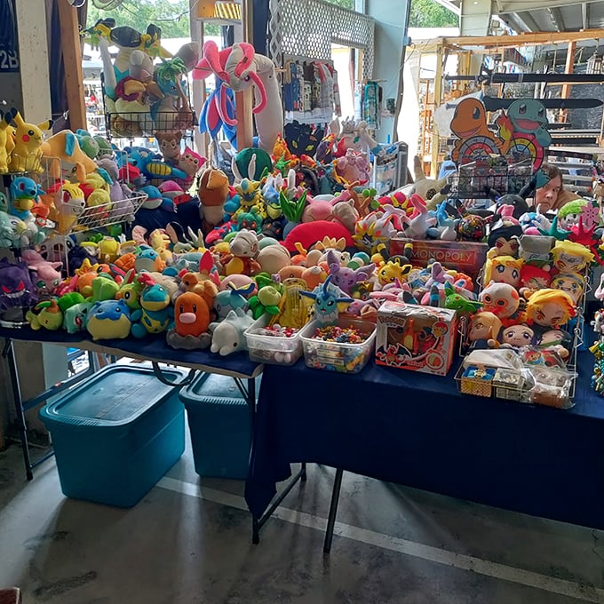 A rainbow explosion of stuffed animals and toys proves that childhood joy has no expiration date.