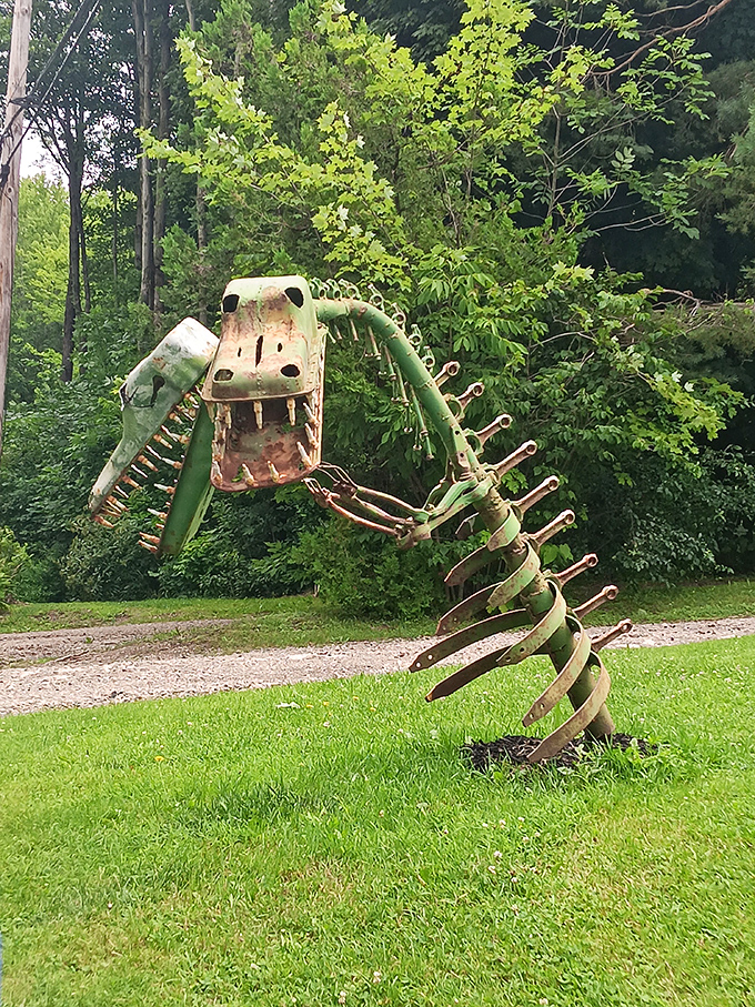 This metal dinosaur looks ready to snap up unsuspecting tourists. The perfect predator for those who find traditional garden gnomes too tame.