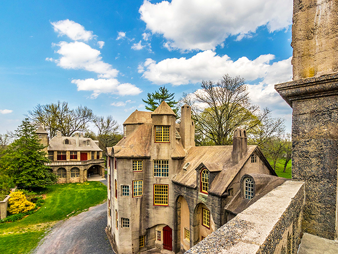 From this vantage point, you can see how Fonthill's concrete companion buildings create a campus of creativity amid Pennsylvania's rolling greenery.