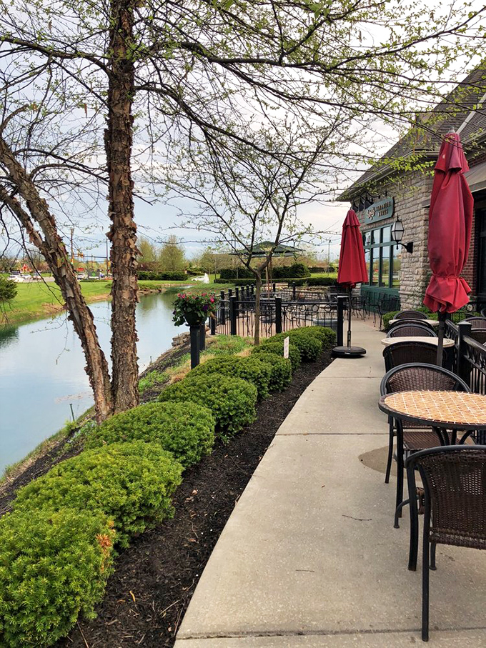 Nature provides the backdrop for this serene patio setting, where a gentle stream and manicured landscaping create an outdoor oasis.