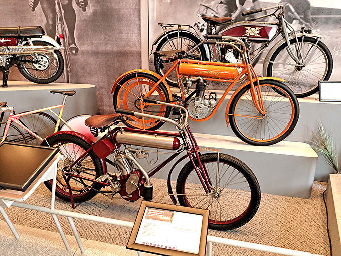 Vintage motorcycles in candy-colored finishes tell the story of America's first affordable transportation revolution, when freedom came on two wheels instead of four.