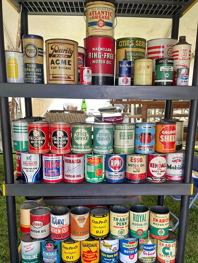 Motor oil tins that outlasted the cars they serviced. This colorful petroleum history lesson doubles as industrial-chic decor.