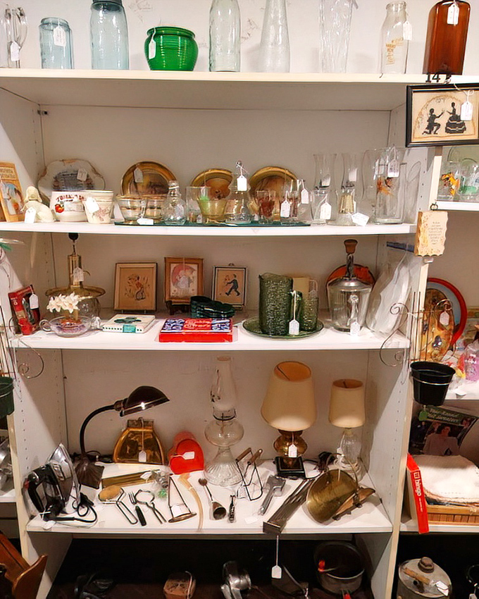 Shelves that tell the story of American households through the decades. That green glass pitcher? Your grandmother definitely had one.