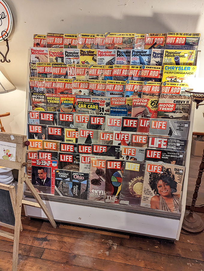 The magazine rack that time forgot, where LIFE, Hot Rod, and Popular Mechanics create a paper time capsule of American culture.