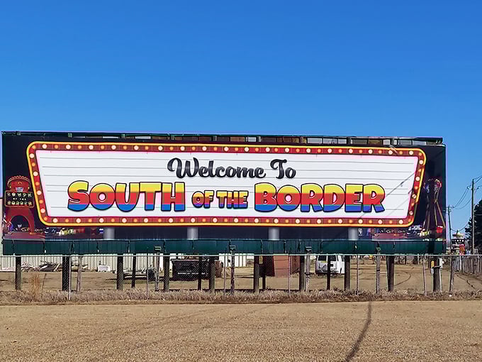 The welcome sign blazes with enough wattage to be seen from space, ensuring travelers know exactly where the kitsch begins.