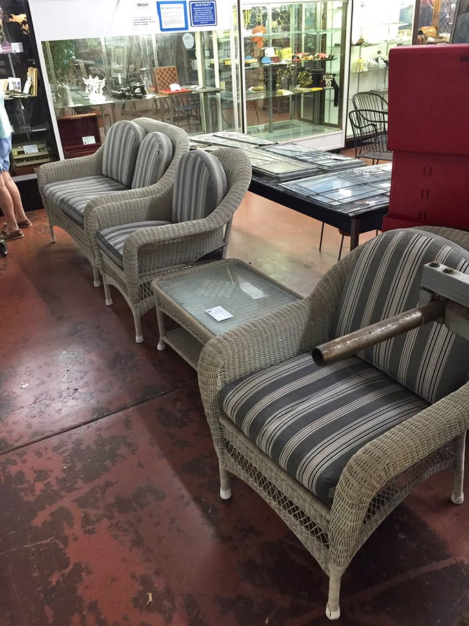 Wicker wonderland! This pristine patio set awaits its second act on someone's porch, ready for lemonade, gossip, and sunset views.
