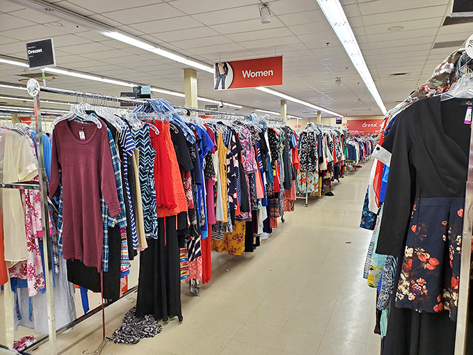 Women's clothing section: a textile time machine where fashion trends from every decade hang side by side in democratic harmony.